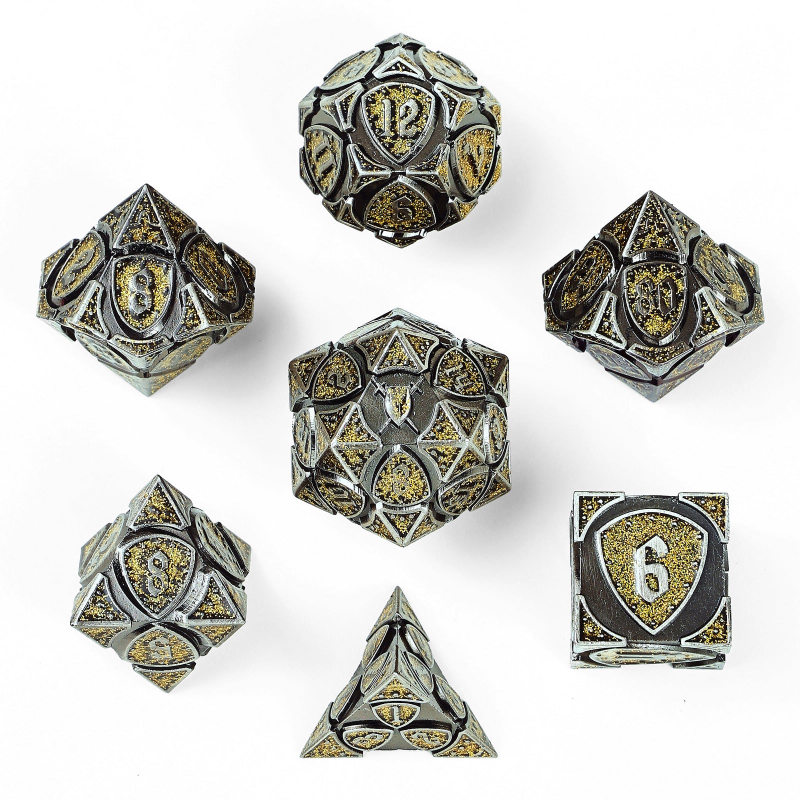 Fighter Solid Metal Polyhedral Dice Set-Ancient Silver w/Glitter Yello ...